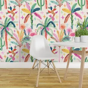 Spoonflower Palm Spring Retro Modern Tropical Mod Cactus Custom Pre-pasted Wallpaper