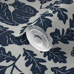 Spoonflower Squirrels Leaves Cute Squirrel Woodland Animal Traditional Wallpaper - Blue