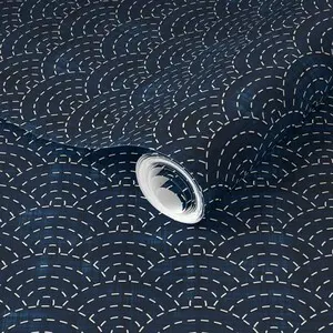 Spoonflower Ocean Waves Japanese Traditional Sashiko Indigo Traditional Wallpaper - Blue,white