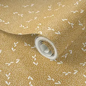 Spoonflower Gold Branches Dots Snow Leaf Custom Removable Wallpaper - Yellow,white