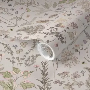 Spoonflower Vintage Herb Garden Cottagecore Rustic Earthy Custom Pre-pasted Wallpaper - Beige