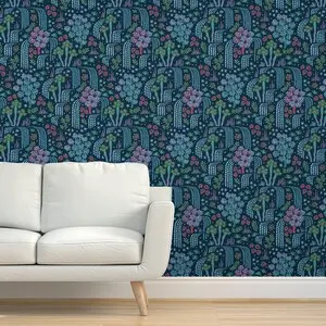 Spoonflower Tropical Flora Waterfalls Floral Nature Moody Custom Pre-pasted Wallpaper - Blue
