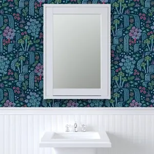 Spoonflower Tropical Flora Waterfalls Floral Nature Moody Custom Pre-pasted Wallpaper - Blue
