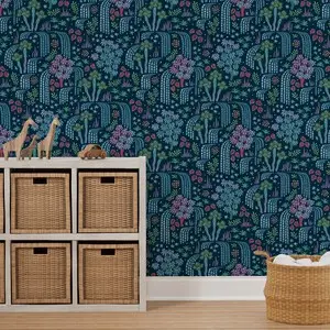 Spoonflower Tropical Flora Waterfalls Floral Nature Moody Custom Pre-pasted Wallpaper - Blue