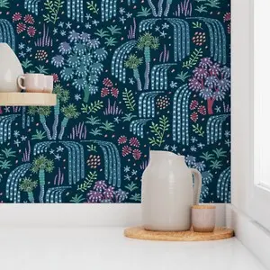 Spoonflower Tropical Flora Waterfalls Floral Nature Moody Custom Pre-pasted Wallpaper - Blue