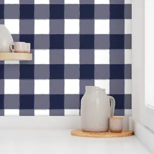 Spoonflower Large Navy Buffalo Check Gingham Print Watercolor 100% Natural Sisal Grasscloth Wallcovering - Blue