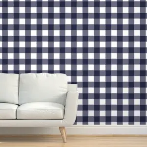 Spoonflower Large Navy Buffalo Check Gingham Print Watercolor 100% Natural Sisal Grasscloth Wallcovering - Blue