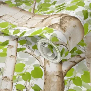 Spoonflower Birch Grove Spring Trees Forest Tree Nature Custom Removable Wallpaper - Green,beige