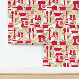 Spoonflower Kitchen Retro Palette Limited Mixer Pots Pans Fork Custom Removable Wallpaper