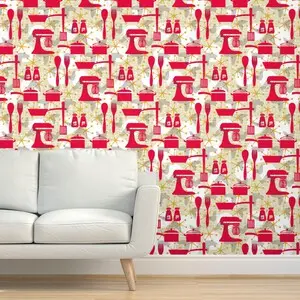 Spoonflower Kitchen Retro Palette Limited Mixer Pots Pans Fork Custom Removable Wallpaper