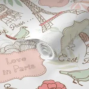 Spoonflower Love Paris Travel Spring Custom Pre-pasted Wallpaper - Pink,white