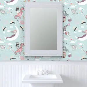 Spoonflower Mermaid Lullaby Sea Small Moon Modern Nursery Custom Pre-pasted Wallpaper - Green