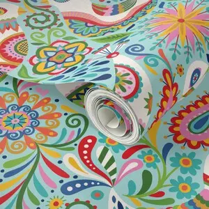 Spoonflower Bird Folk Mexican Fantasy Art Colorful Birds Custom Removable Wallpaper - Blue