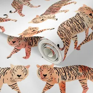 Spoonflower Watercolor Peach Animals Painted Tiger Custom Pre-pasted Wallpaper - Orange,white