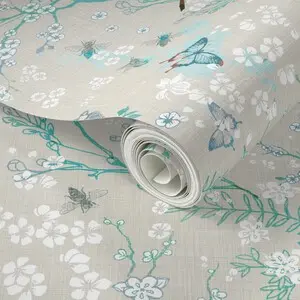 Spoonflower Birds Bees Aqua Butterfly Spring Blossom Garden Custom Pre-pasted Wallpaper - Blue