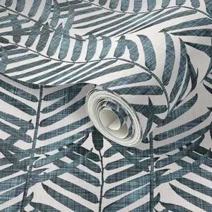 Spoonflower Boho Modern Botanical Bohemian Palm Leaf Tropical Custom Pre-pasted Wallpaper - Blue