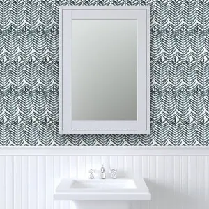 Spoonflower Boho Modern Botanical Bohemian Palm Leaf Tropical Custom Pre-pasted Wallpaper - Blue