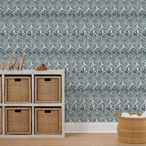 Spoonflower Boho Modern Botanical Bohemian Palm Leaf Tropical Custom Pre-pasted Wallpaper - Blue