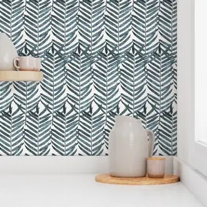 Spoonflower Boho Modern Botanical Bohemian Palm Leaf Tropical Custom Pre-pasted Wallpaper - Blue