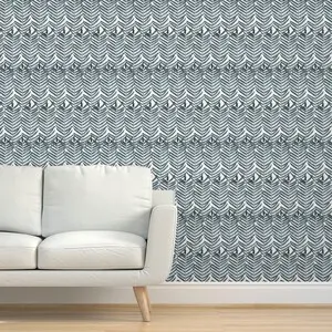 Spoonflower Boho Modern Botanical Bohemian Palm Leaf Tropical Custom Pre-pasted Wallpaper - Blue