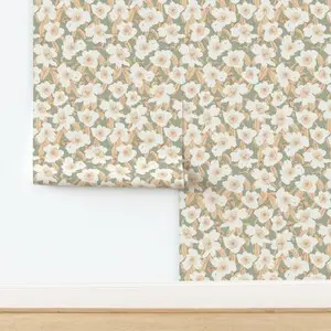 Spoonflower Overgrown Sage Floral Large Soft Autumn Neutral Custom Pre-pasted Wallpaper