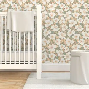 Spoonflower Overgrown Sage Floral Large Soft Autumn Neutral Custom Pre-pasted Wallpaper