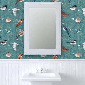 Spoonflower Birds Breeds Ornithology Farmhouse Burlap Custom Pre-pasted Wallpaper - Blue