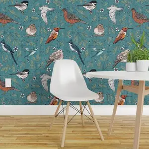 Spoonflower Birds Breeds Ornithology Farmhouse Burlap Custom Pre-pasted Wallpaper - Blue