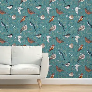 Spoonflower Birds Breeds Ornithology Farmhouse Burlap Custom Pre-pasted Wallpaper - Blue