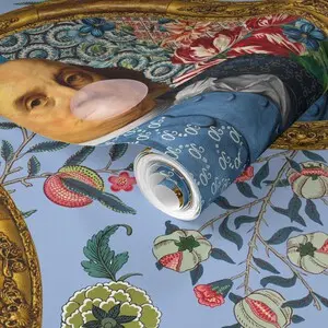 Spoonflower Benjamin Franklin Bubblegum Portrait Floral Print Custom Pre-pasted Wallpaper - Blue