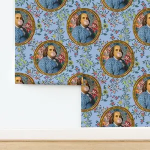 Spoonflower Benjamin Franklin Bubblegum Portrait Floral Print Custom Pre-pasted Wallpaper - Blue