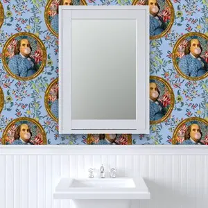 Spoonflower Benjamin Franklin Bubblegum Portrait Floral Print Custom Pre-pasted Wallpaper - Blue