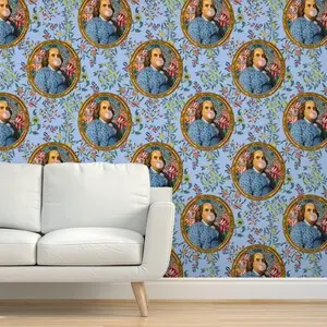 Spoonflower Benjamin Franklin Bubblegum Portrait Floral Print Custom Pre-pasted Wallpaper - Blue