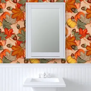 Spoonflower Fall Autumn Warm Pumpkin Seasonal Acorns Squash Custom Pre-pasted Wallpaper - Orange
