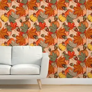 Spoonflower Fall Autumn Warm Pumpkin Seasonal Acorns Squash Custom Pre-pasted Wallpaper - Orange