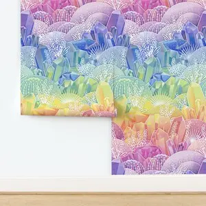 Spoonflower Crystal Garden Magical Unicorn Novelty Custom Pre-pasted Wallpaper - Rainbow