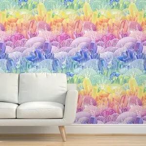 Spoonflower Crystal Garden Magical Unicorn Novelty Custom Pre-pasted Wallpaper - Rainbow