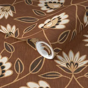 Spoonflower Folklore Geo Flowers Geometric Tiles Ethnic Style Custom Pre-pasted Wallpaper - Brown