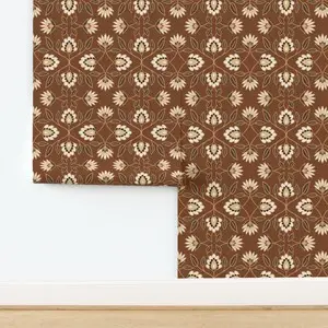 Spoonflower Folklore Geo Flowers Geometric Tiles Ethnic Style Custom Pre-pasted Wallpaper - Brown