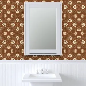 Spoonflower Folklore Geo Flowers Geometric Tiles Ethnic Style Custom Pre-pasted Wallpaper - Brown