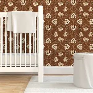 Spoonflower Folklore Geo Flowers Geometric Tiles Ethnic Style Custom Pre-pasted Wallpaper - Brown