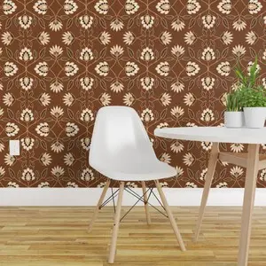 Spoonflower Folklore Geo Flowers Geometric Tiles Ethnic Style Custom Pre-pasted Wallpaper - Brown