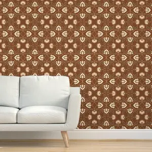 Spoonflower Folklore Geo Flowers Geometric Tiles Ethnic Style Custom Pre-pasted Wallpaper - Brown