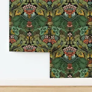Spoonflower Modern Victorian Art Deco Jungle Foliage Romantic Custom Pre-pasted Wallpaper - Green
