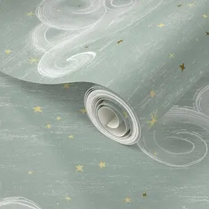 Spoonflower Whimsical Clouds Hand-drawn Pastel Nursery Soft Custom Pre-pasted Wallpaper - Green