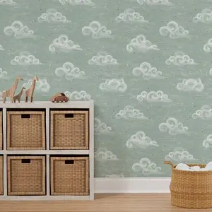 Spoonflower Whimsical Clouds Hand-drawn Pastel Nursery Soft Custom Pre-pasted Wallpaper