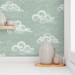 Spoonflower Whimsical Clouds Hand-drawn Pastel Nursery Soft Custom Pre-pasted Wallpaper
