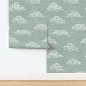 Spoonflower Whimsical Clouds Hand-drawn Pastel Nursery Soft Custom Pre-pasted Wallpaper
