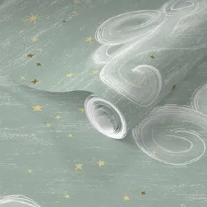 Spoonflower Whimsical Clouds Hand-drawn Pastel Nursery Soft Custom Pre-pasted Wallpaper - Green