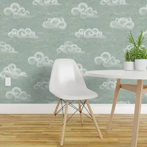 Spoonflower Whimsical Clouds Hand-drawn Pastel Nursery Soft Custom Pre-pasted Wallpaper
